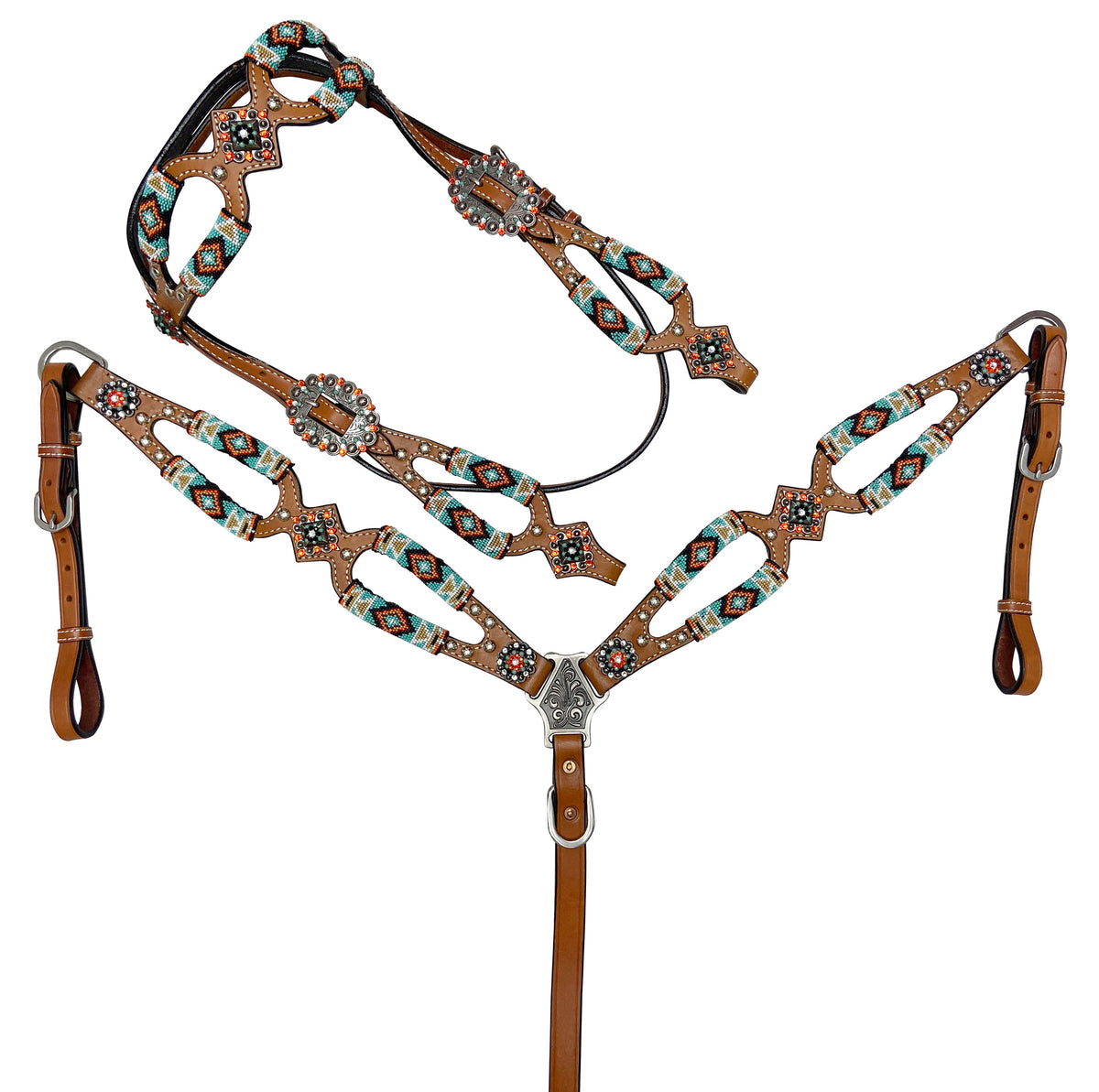 TURQUOISE & ORANGE BEADED LEATHER TACK SET – Tacktical